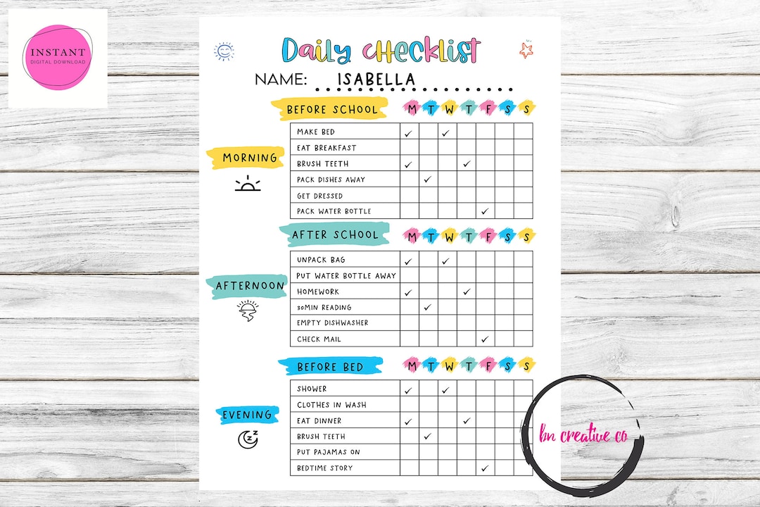 Kids Daily School Checklist | Kids Daily Schedule Printable | Editable ...