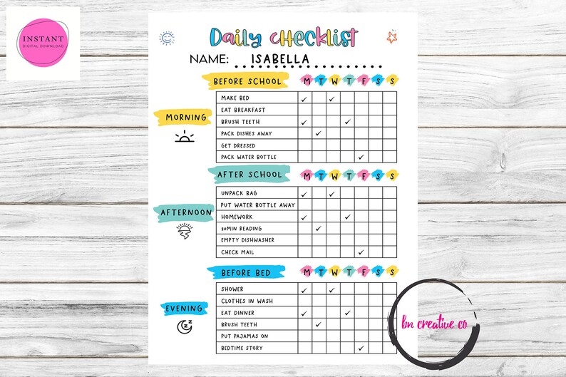 Kids Daily School Checklist | Kids Daily Schedule Printable | Editable ...