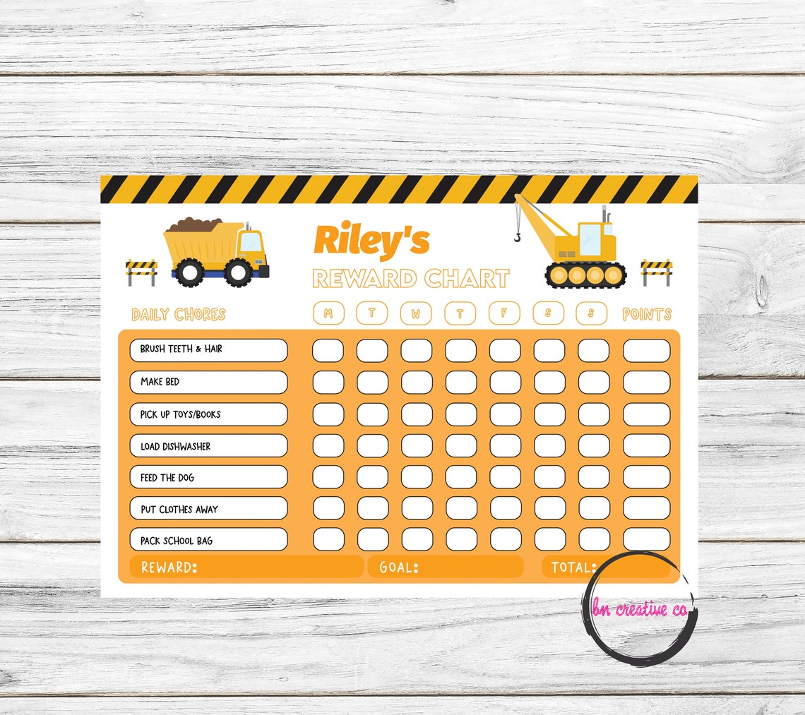 Kids Construction Reward Chart | Editable Boys Behaviour Chart | Kids ...