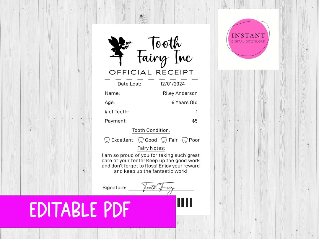 Editable Tooth Fairy Receipt Printable Certificate |kids Tooth Fairy ...