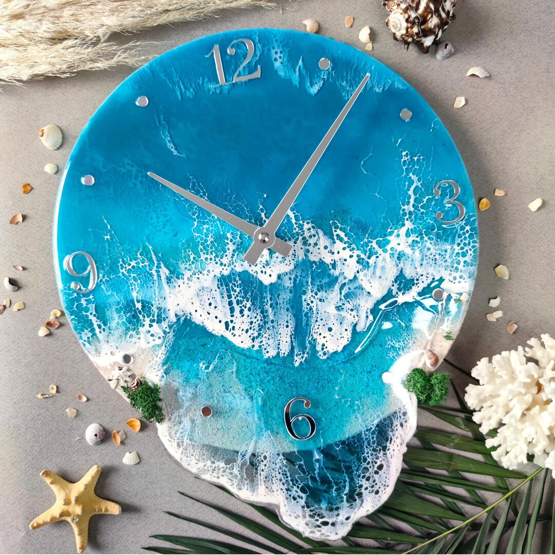 Unique Ocean Resin Clocks for Wall, Epoxy Beach Clock Coastal Resin ...