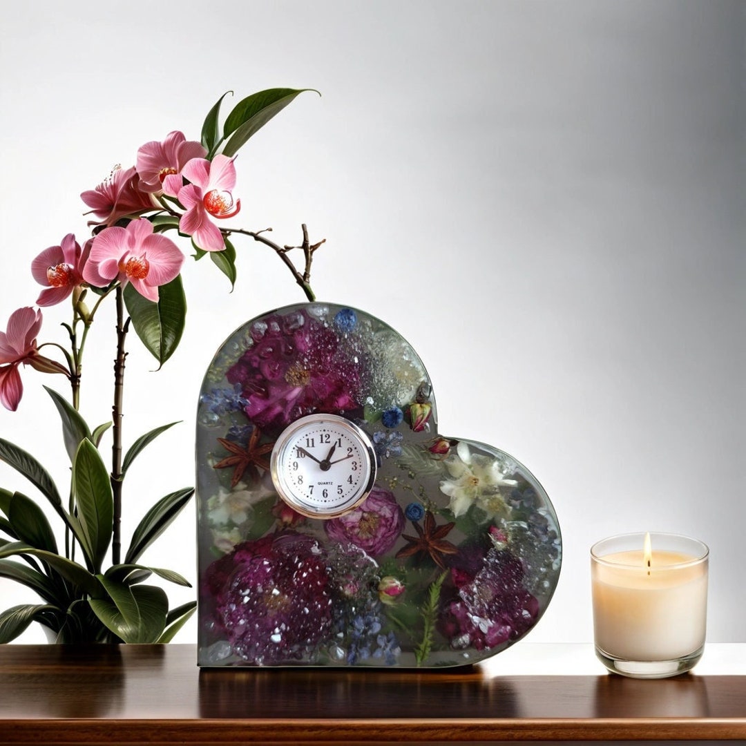 Desk Clock Home Office Decor for Women Dried Flowers Resin Clock for ...
