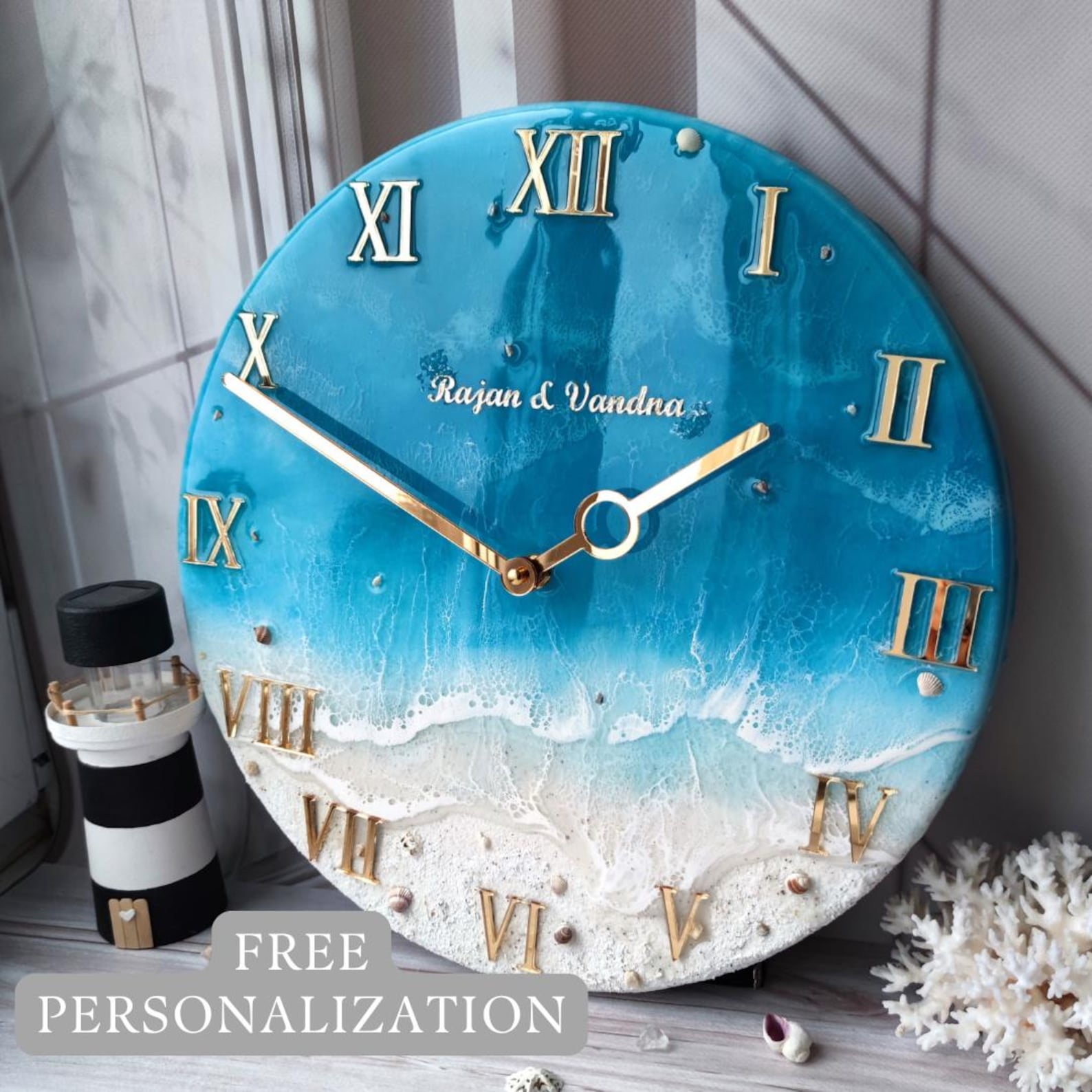 Epoxy Beach Clock Custom Ocean Resin Wall Art, Newlywed Gift, Coastal ...