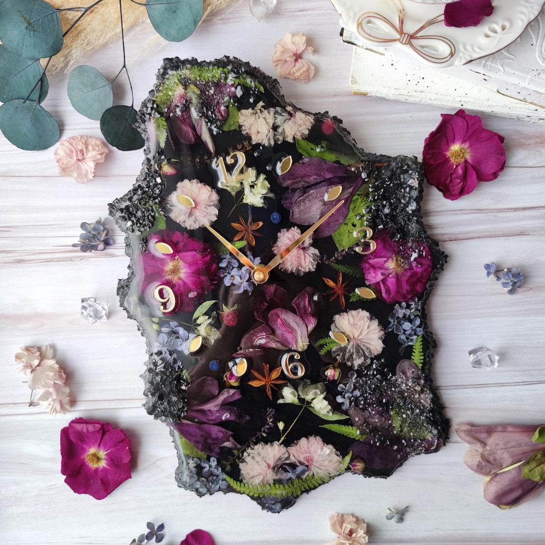 Wall Clock Unique Dried Flowers Modern Resin Flower Art Epoxy Resin ...