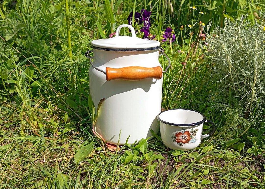 Vintage Soviet Enamel Set Milk Can &floral Mug, White Farmhouse Kitchen ...