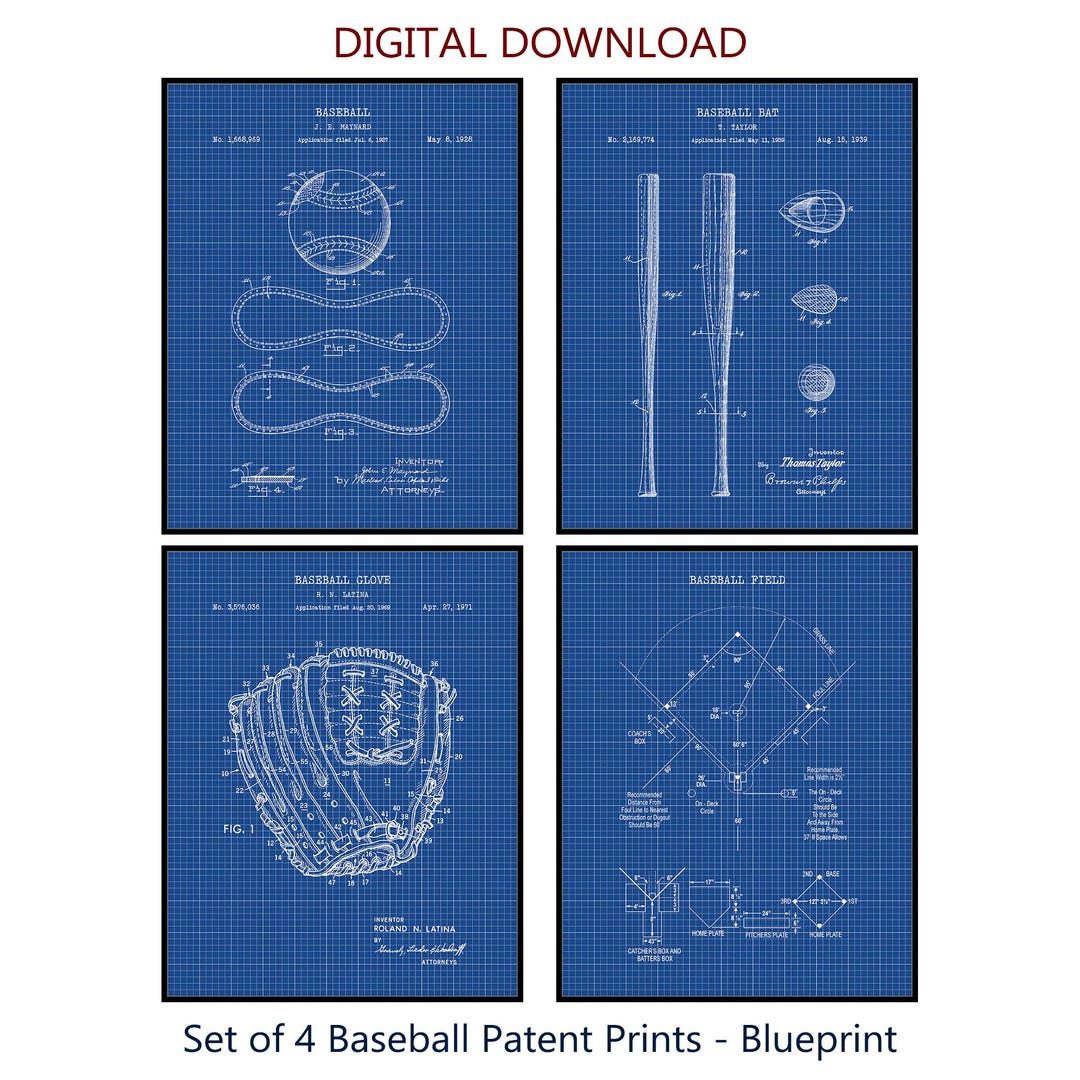 Set of 4 Vintage Baseball Patent Print. Baseball Room Decor. Baseball ...