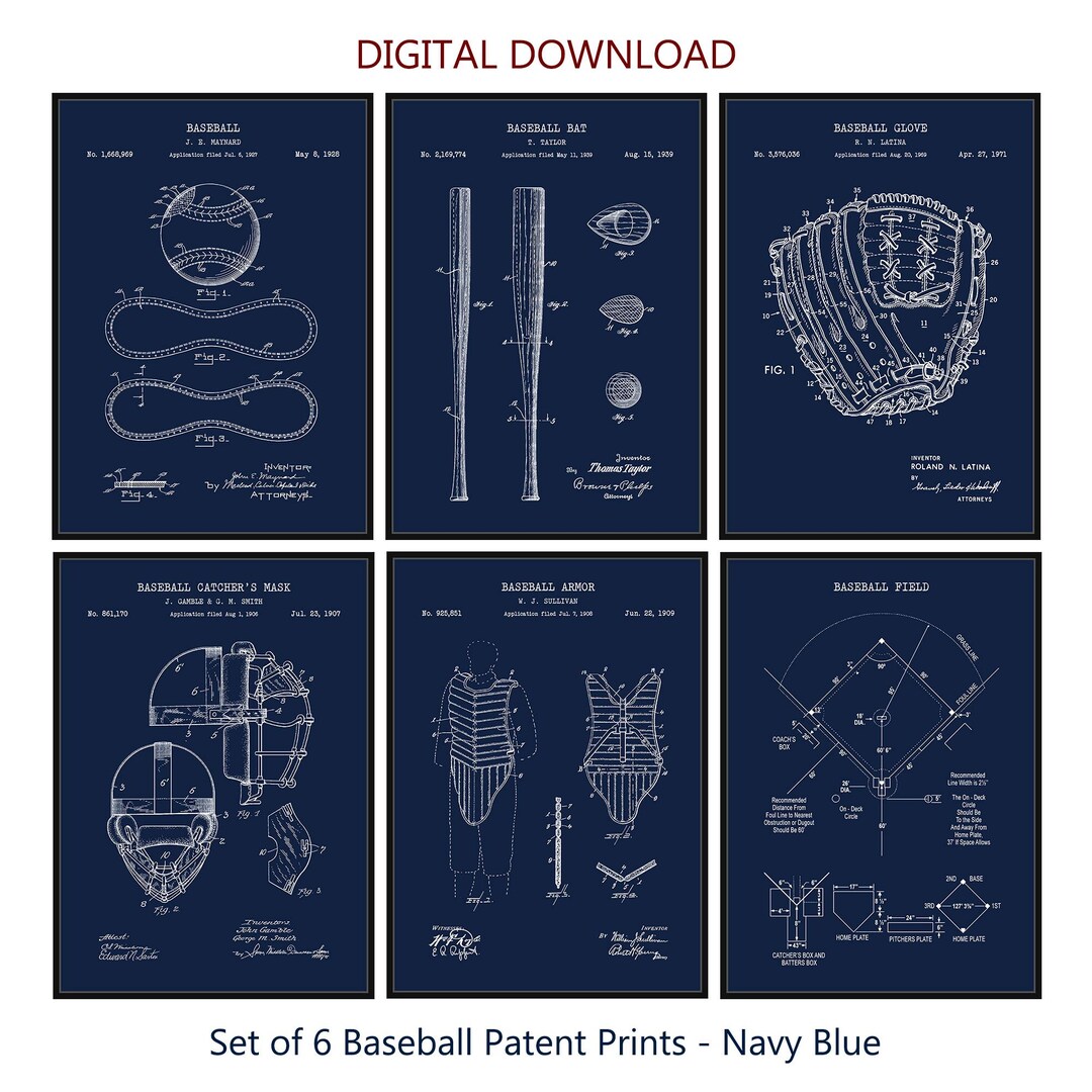 Vintage Baseball Patent Print Set of 6 | Baseball Wall Art Room Decor ...