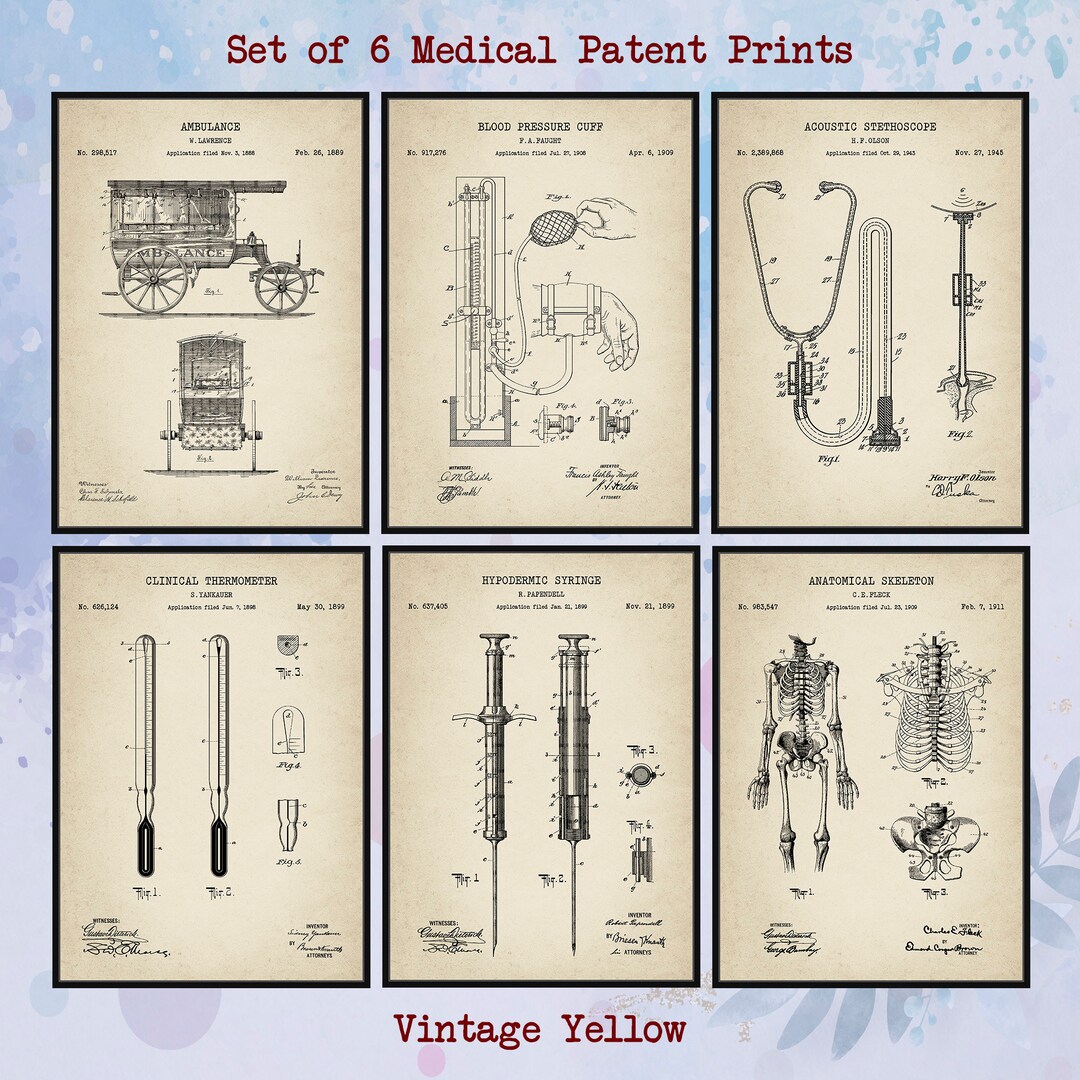 Set of 6 Vintage Medical Patent Prints Digital Download Wall Art ...