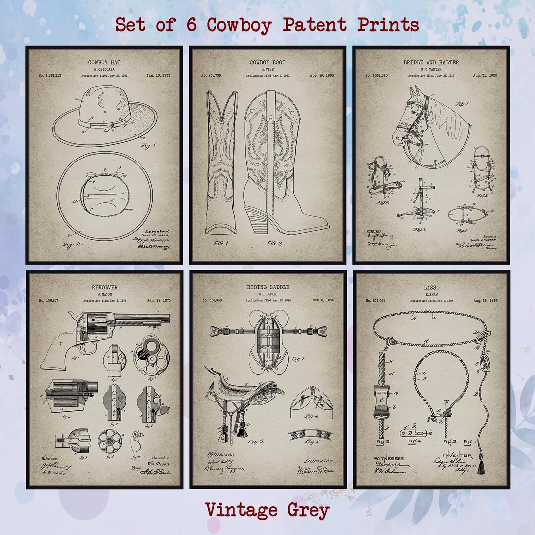 Vintage Cowboy Patent Art Set of 6 Digital Download, Wall Prints ...
