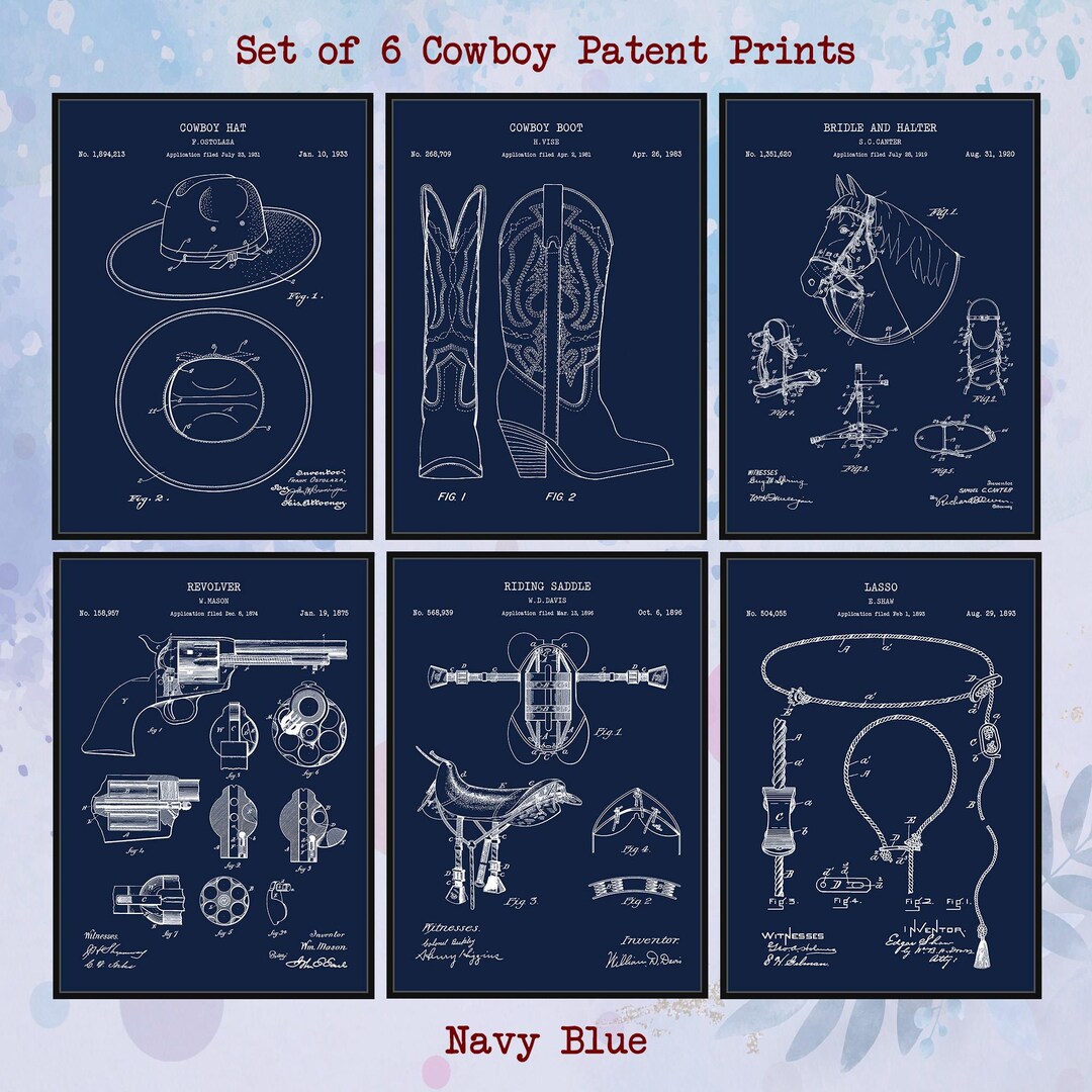 Vintage Cowboy Patent Prints Set of 6 Digital Download, Western Wall ...