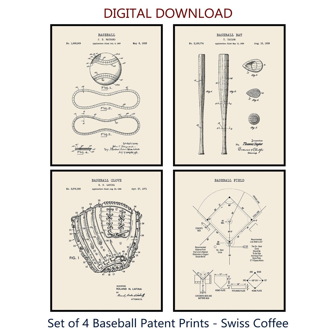 Set of 4 Vintage Baseball Patent Print. Baseball Printable. Baseball ...