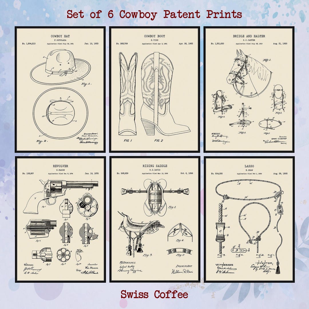 Cowboy Patent Prints Set of 6 Digital Download, Western Wall Art, Great ...