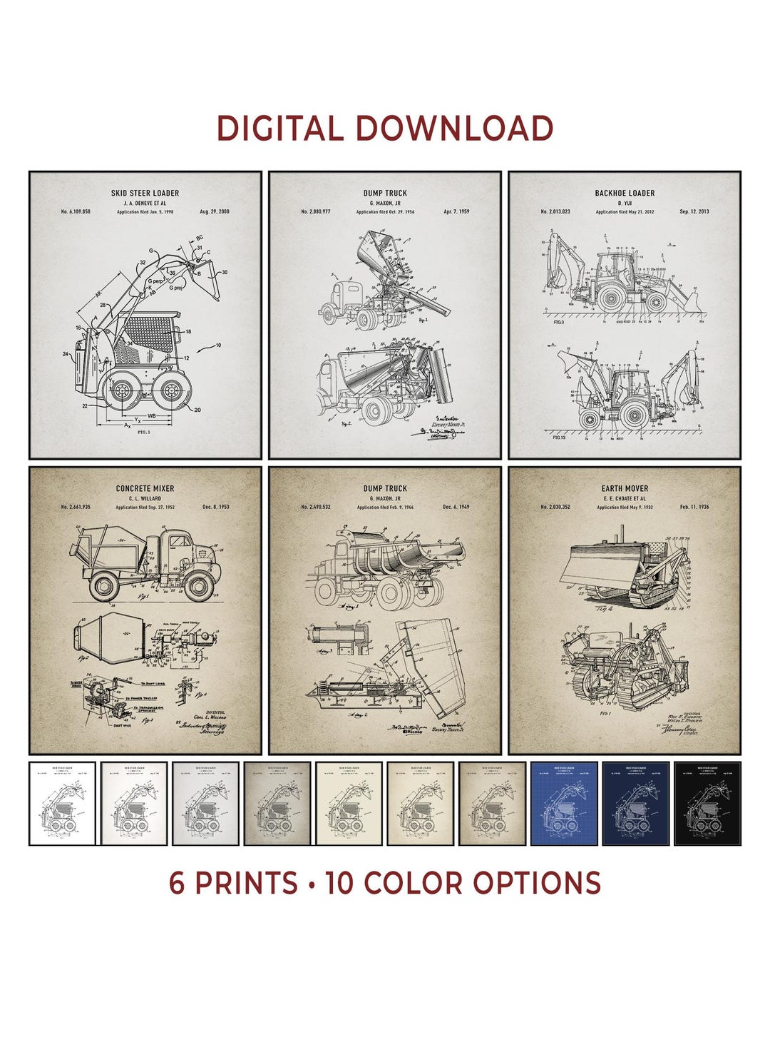 Construction Vehicle Patent Prints Set of 6, Printable Heavy Equipment ...