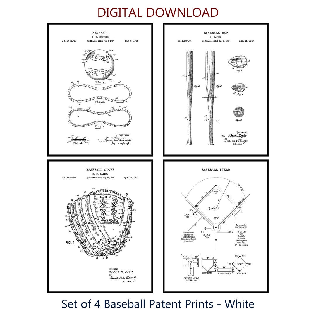 Set of 4 Vintage Baseball Patent Prints - Instant Download Wall Art ...