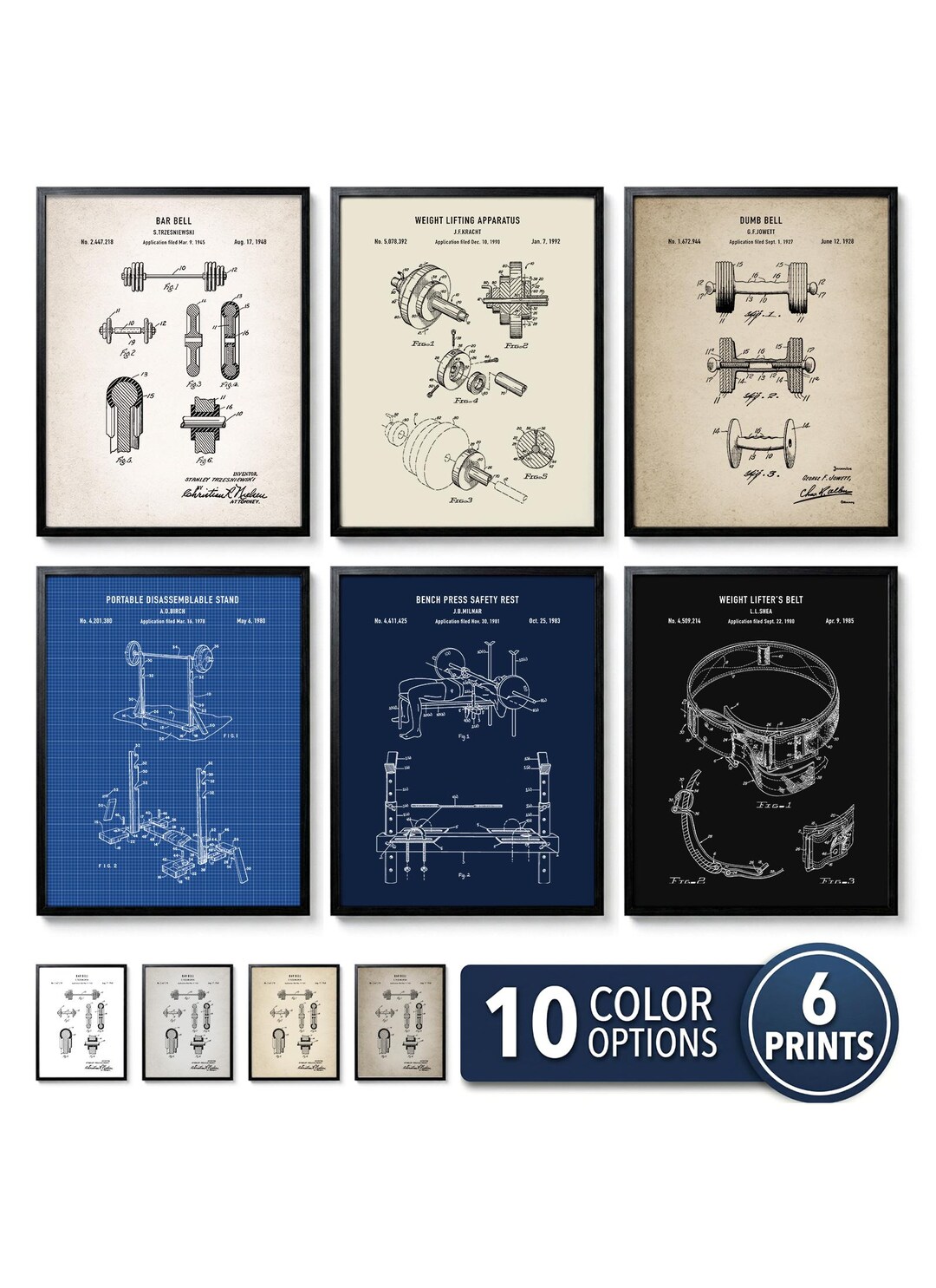 Vintage Weightlifting Patent Art Prints: Gym Decor for Men (set of 6 ...