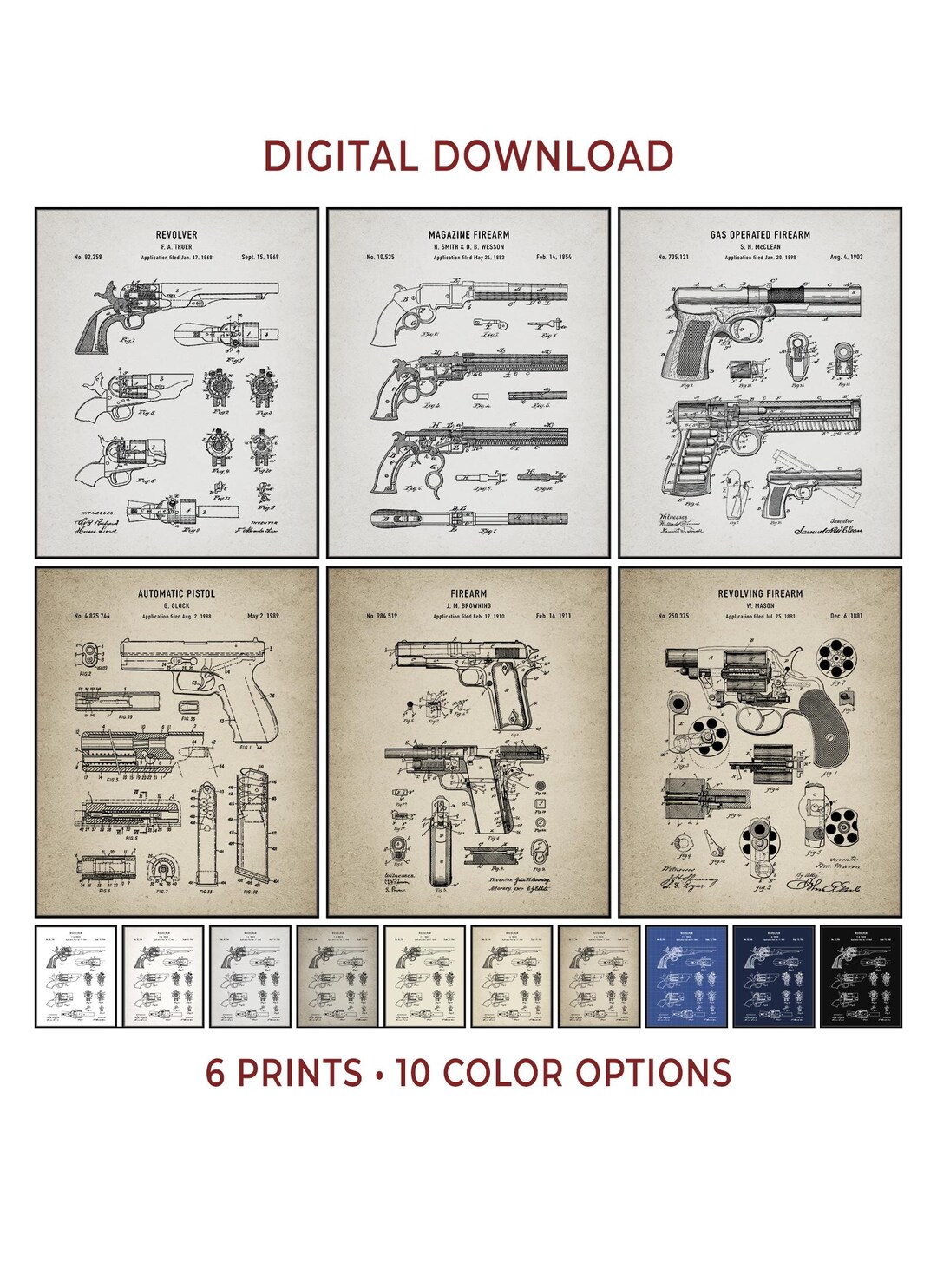 Vintage Gun Patent Prints Set of 6 Revolver Shotgun Wall Art, Man Cave ...
