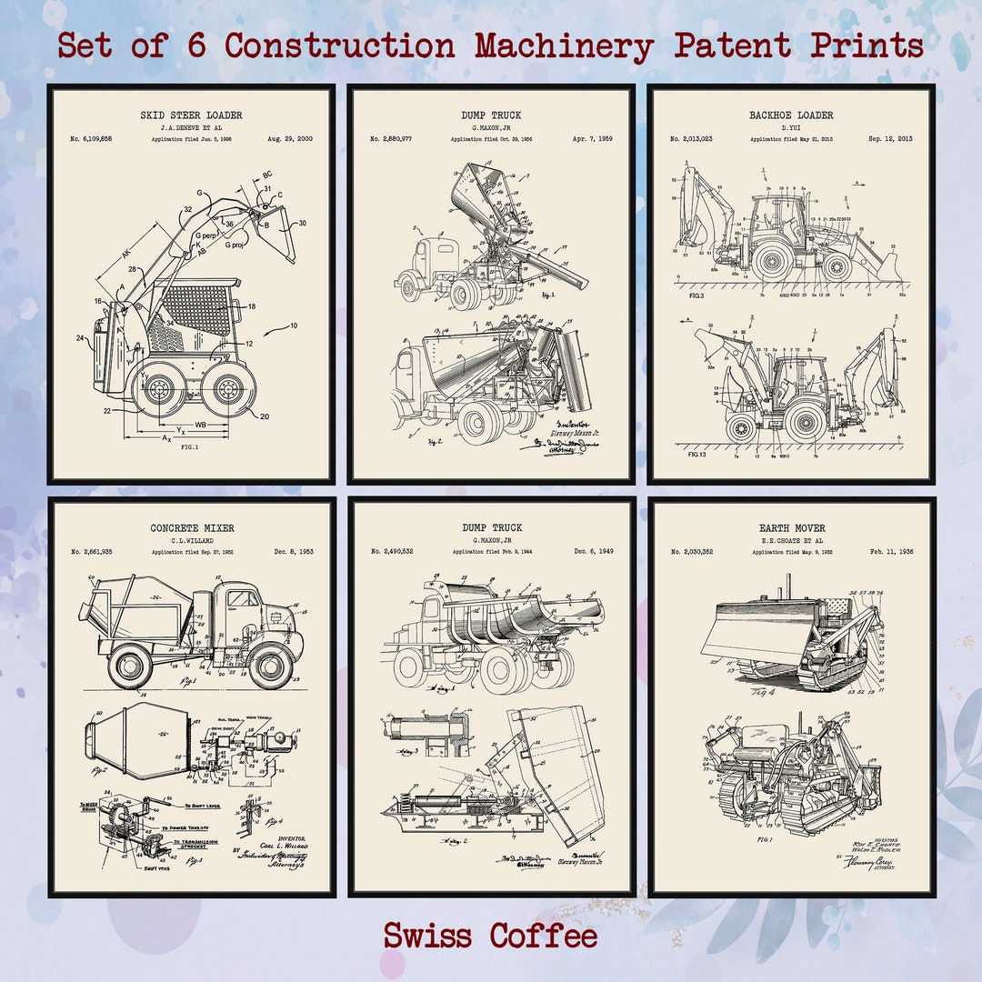 Set of 6 Vintage Construction Patent Print. Heavy Construction Vehicle ...