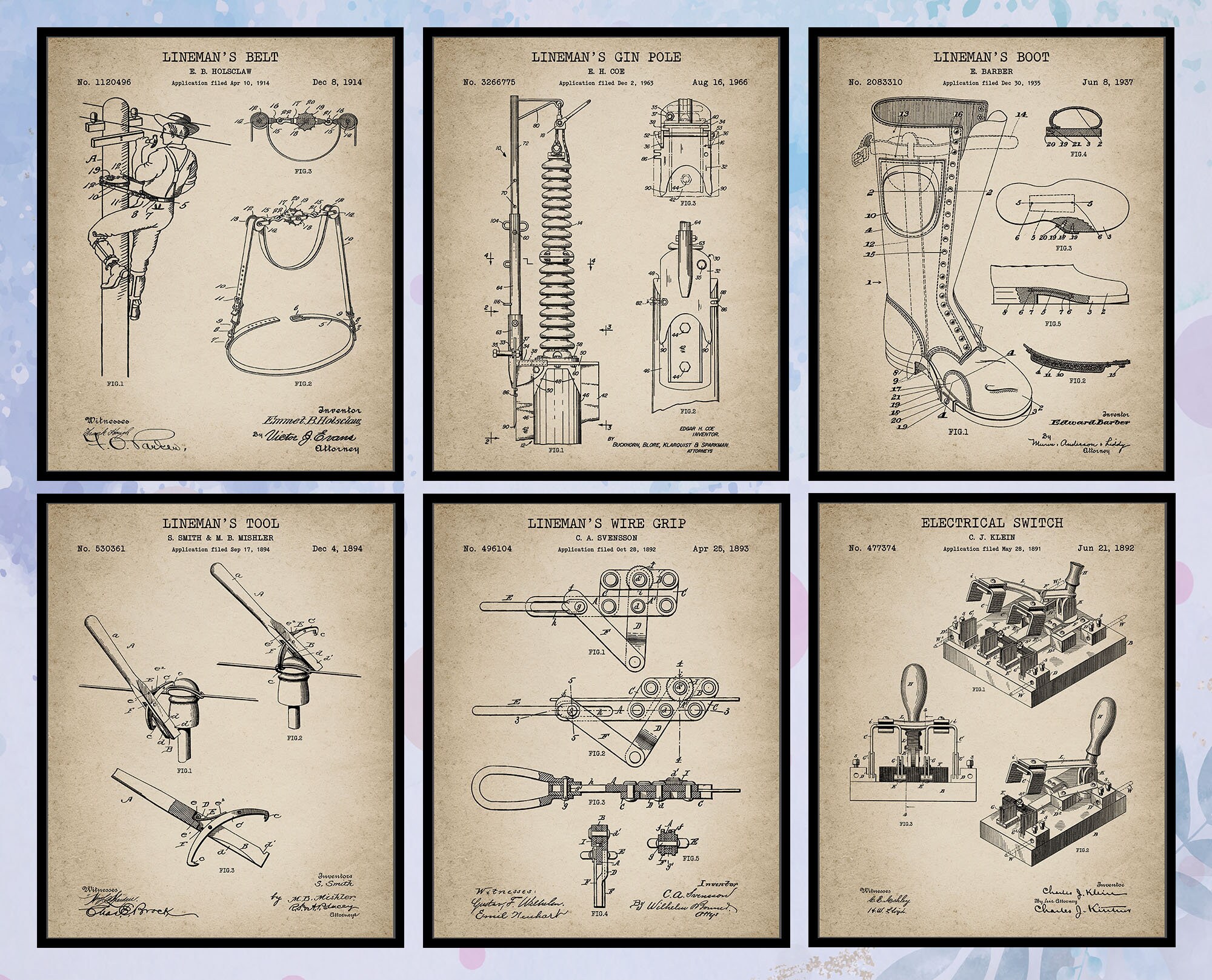 Set of 6 Vintage Lineman Patent Print. Lineman Gifts. Lineman | Etsy