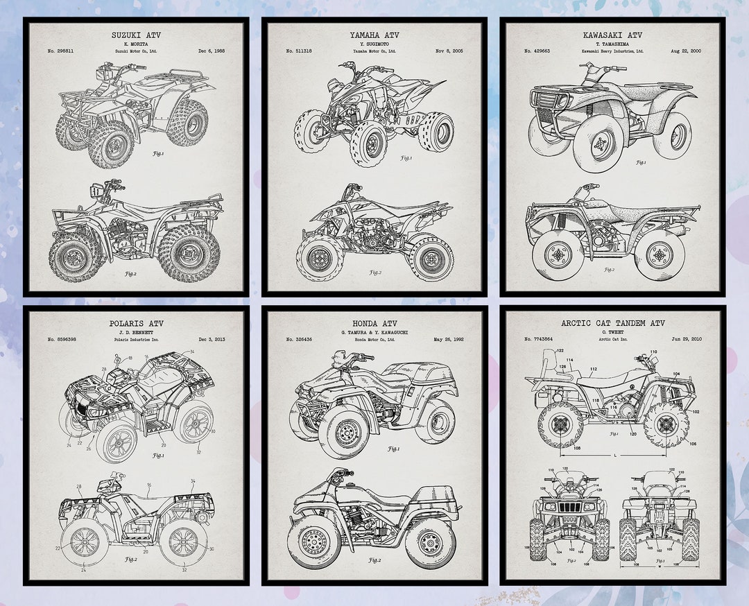 Set of 6 ATV Patent Print. All Terrain Vehicle Wall Art. Four Wheeled ...
