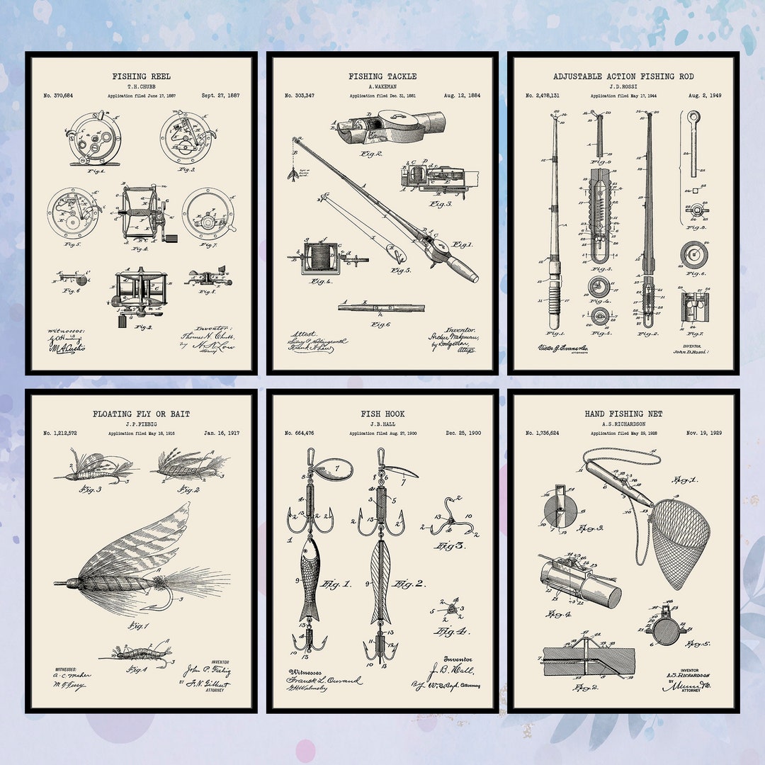 Set of 6 Vintage Fishing Patent Prints. Fishing Gift. Fishing Wall Art ...