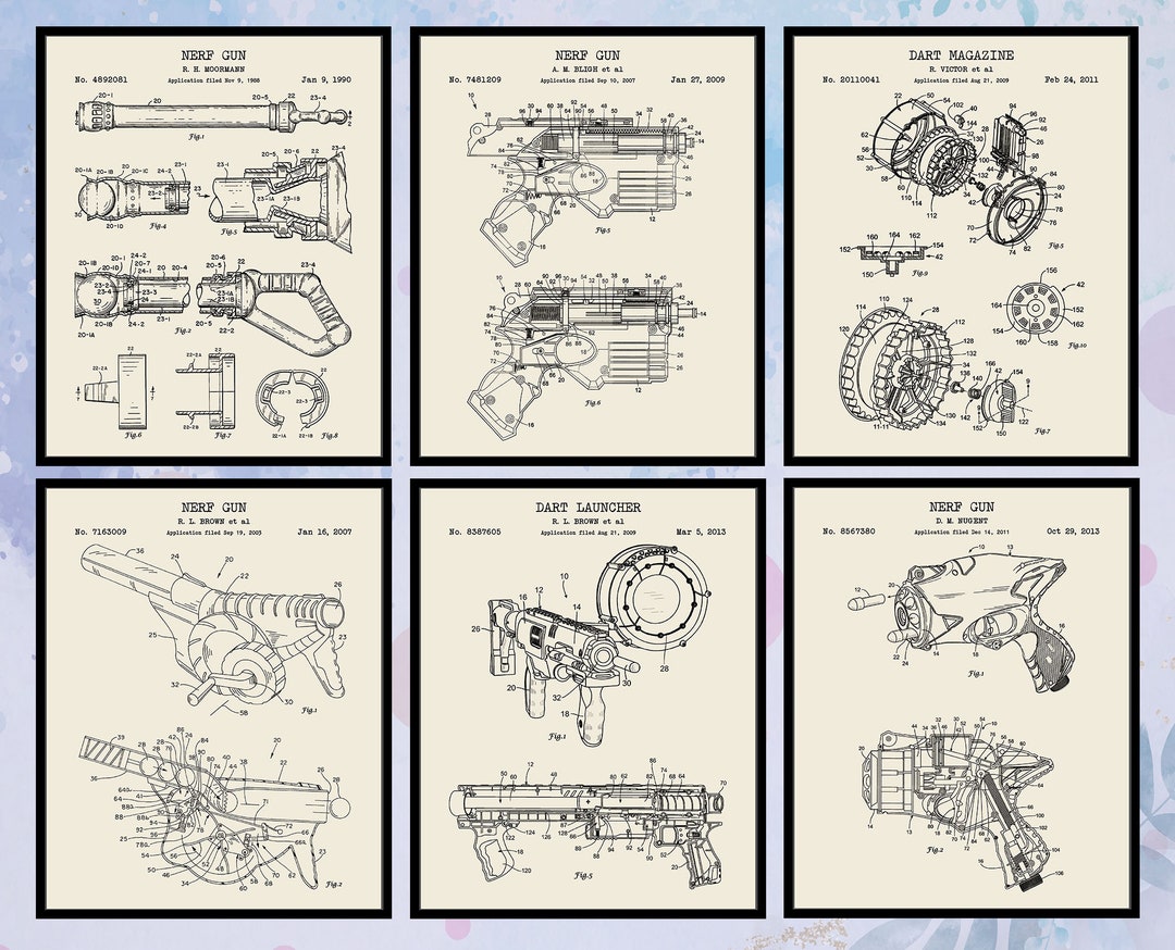 Set of 6 Nerf Gun Patent Print Wall Art. Nerf Gun Art Poster. Nerf Gun ...