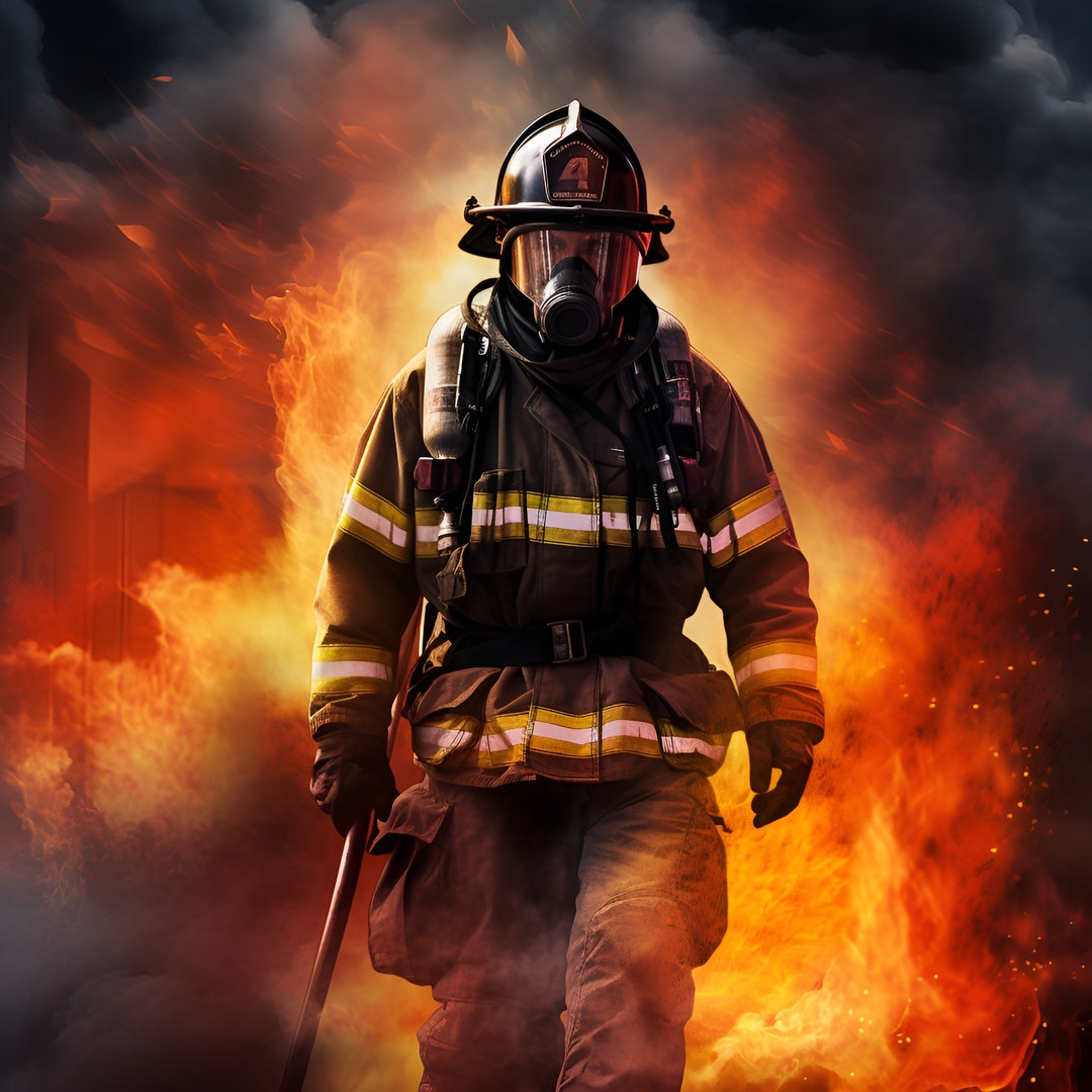 Firefighter Walking Thru Flames Etsy