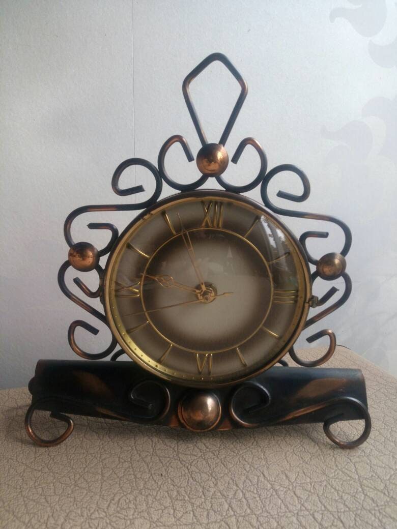 Antique Copper Table Clock With Curled Ironwork 1940s Art | Etsy
