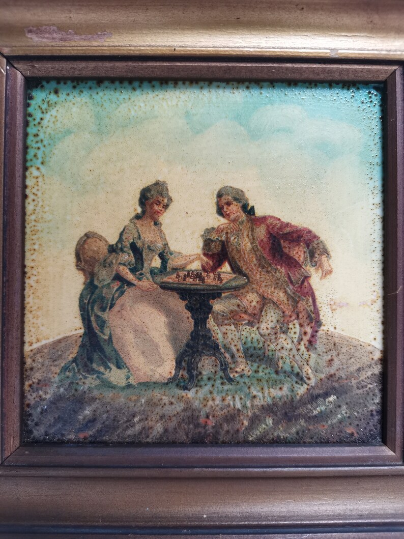 Framed Antique Tile With Romantic Chess Playing Couple 19th Century ...