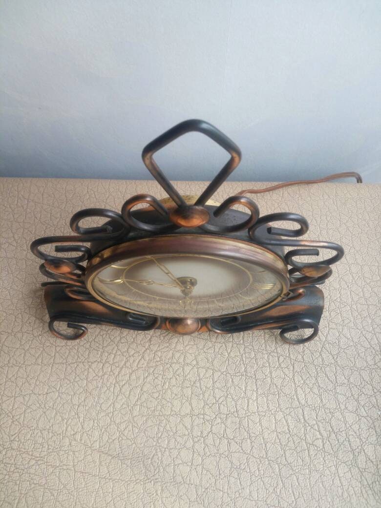Antique Copper Table Clock With Curled Ironwork 1940s Art | Etsy