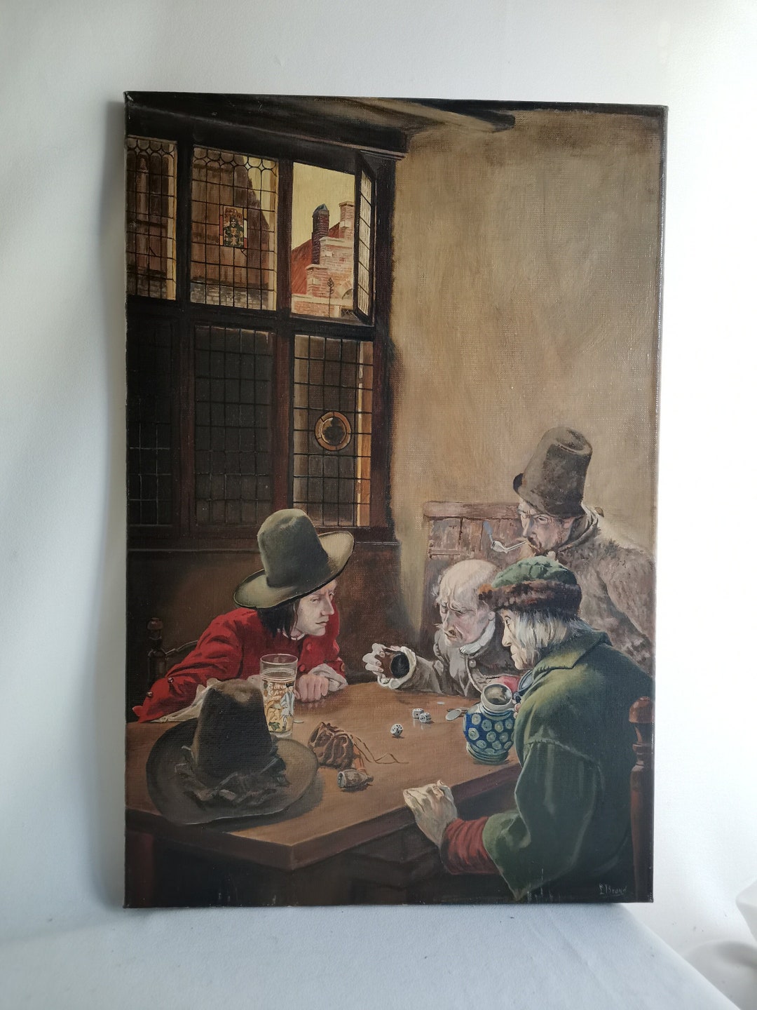 Vintage Original Oil Painting Interior Inn With Men Playing Dice 1980s ...