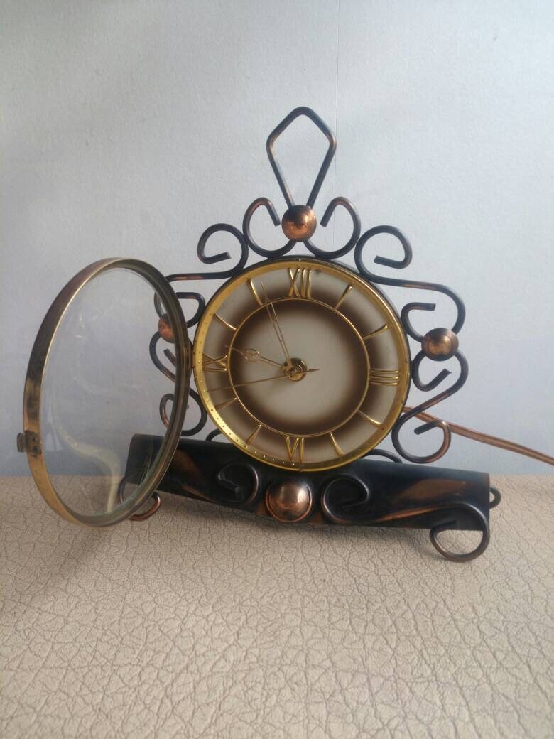 Antique Copper Table Clock With Curled Ironwork 1940s Art | Etsy