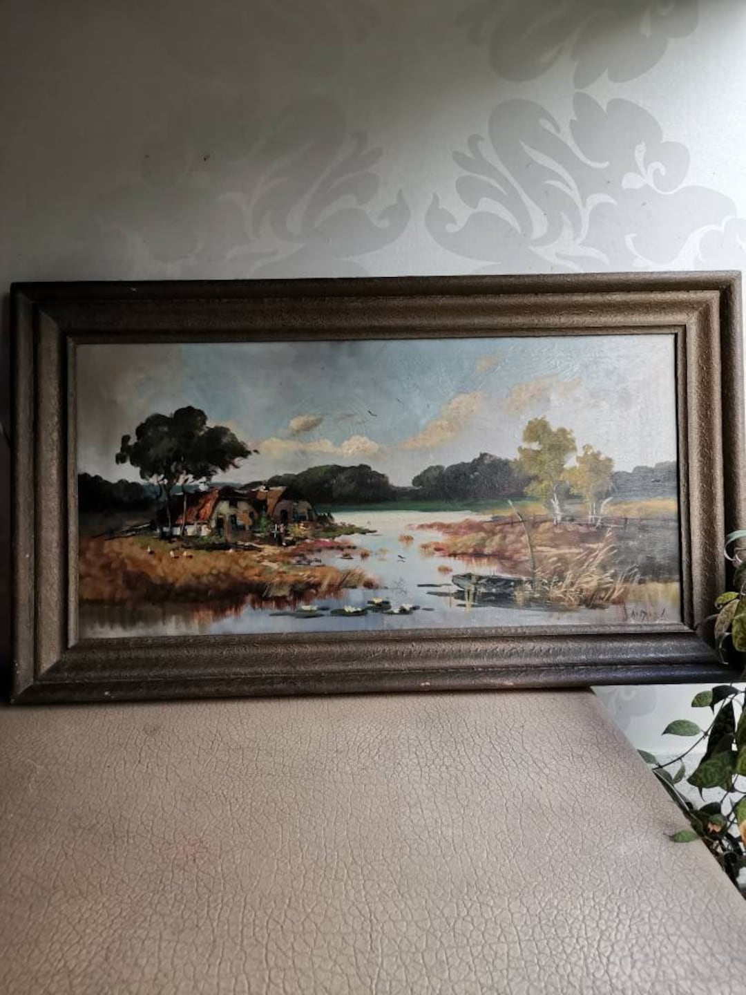 Large Antique Original Oil Painting Landscape With Farm at the Water ...