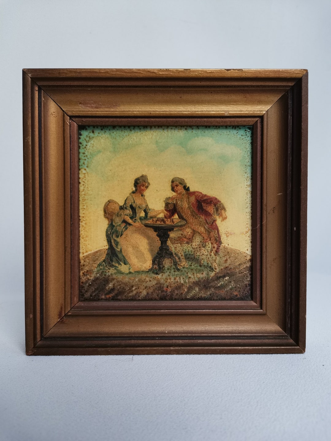 Framed Antique Tile With Romantic Chess Playing Couple 19th Century ...