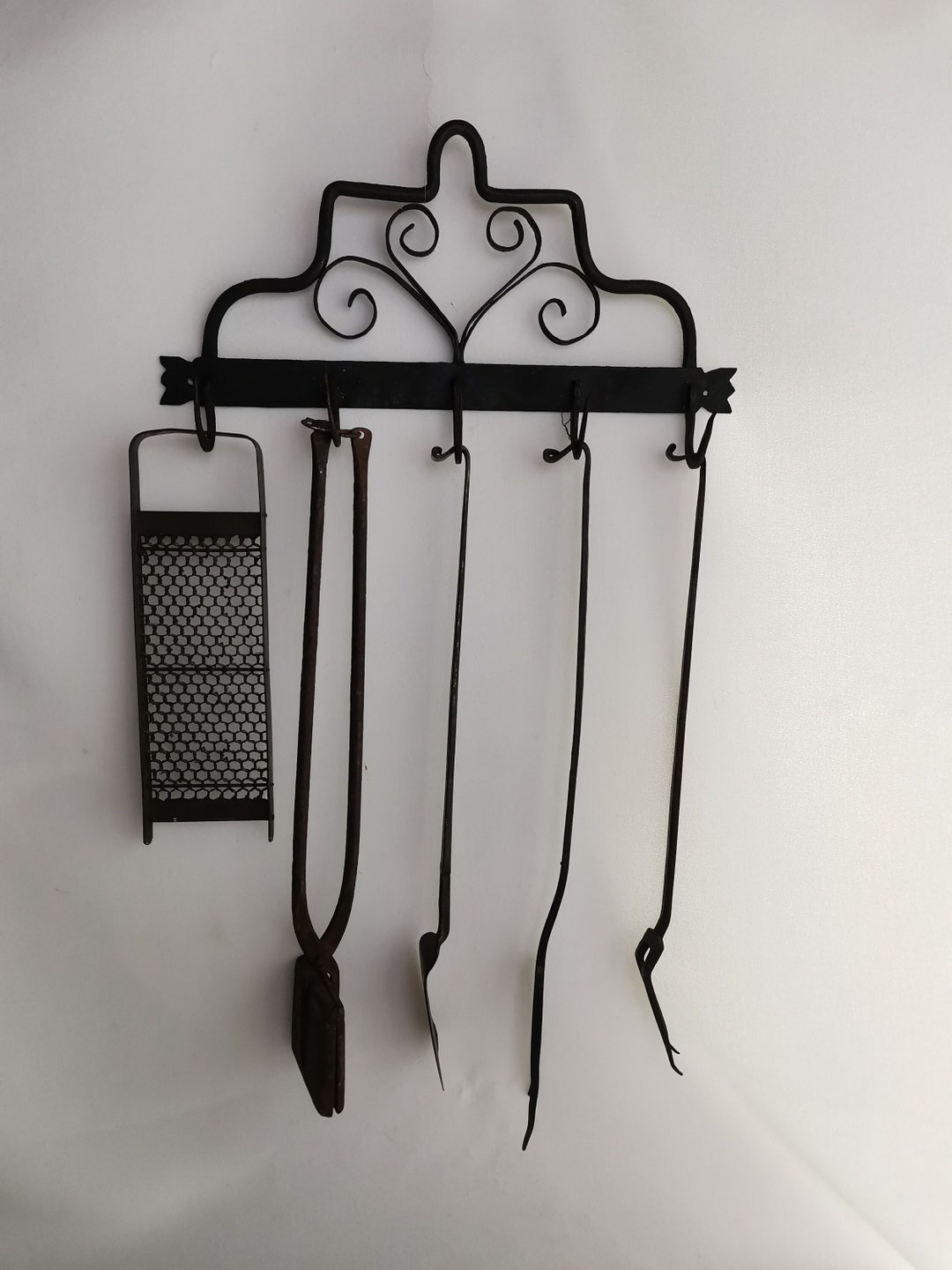 Antique Ironwork Kitchen Rack With Spatula Forks Waffle Iron Grater ...