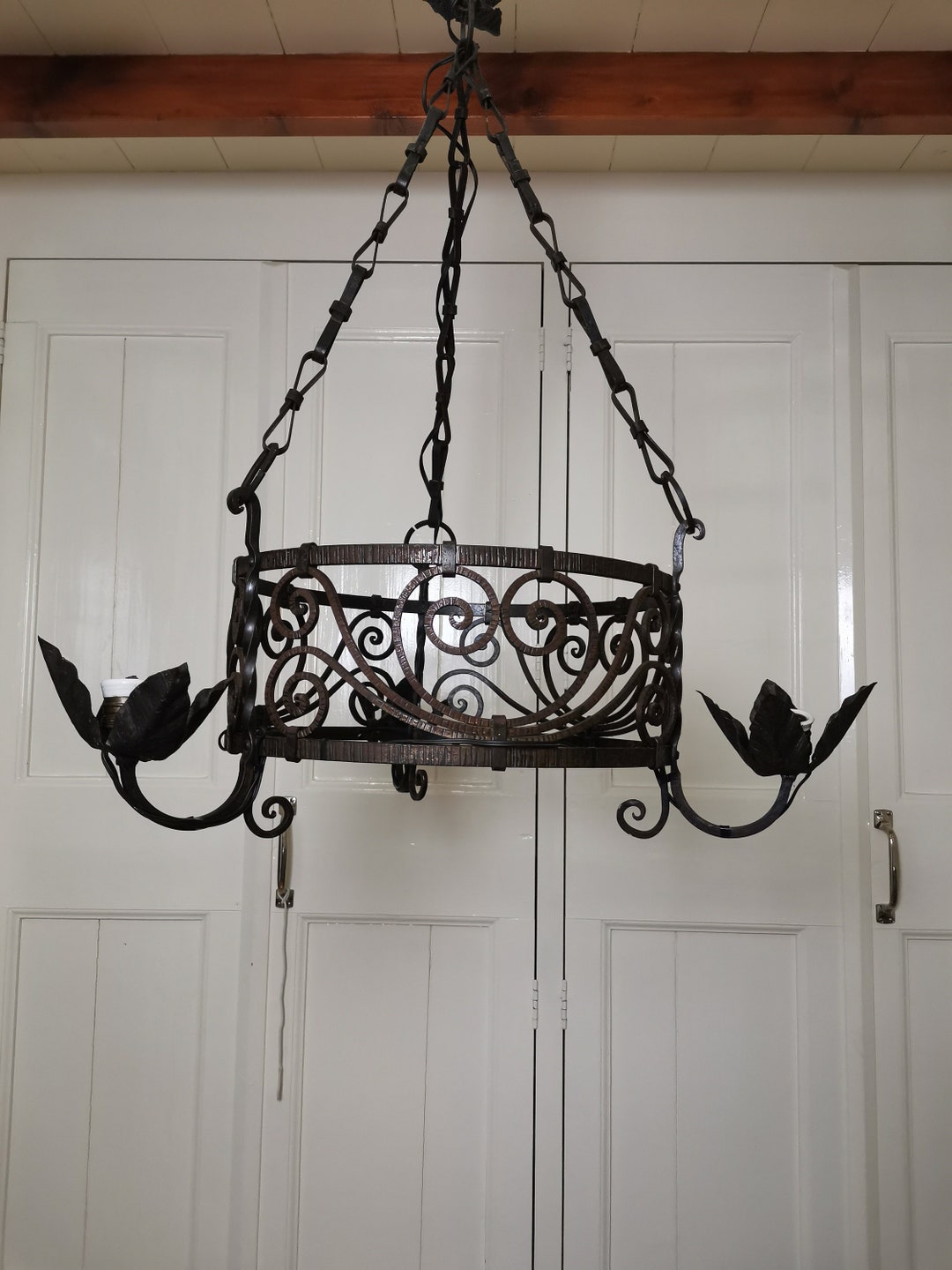 Antique Round Art Deco Wrought Iron Pendant Lamp With Three Bulbs 1920s ...