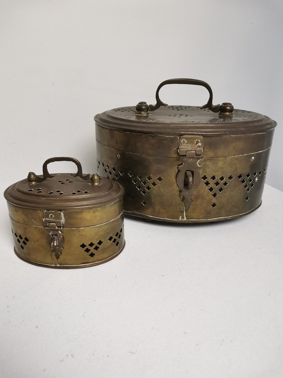 Antique Set of Two Oval Brass Storage Boxes With Openwork 1940s Brass ...