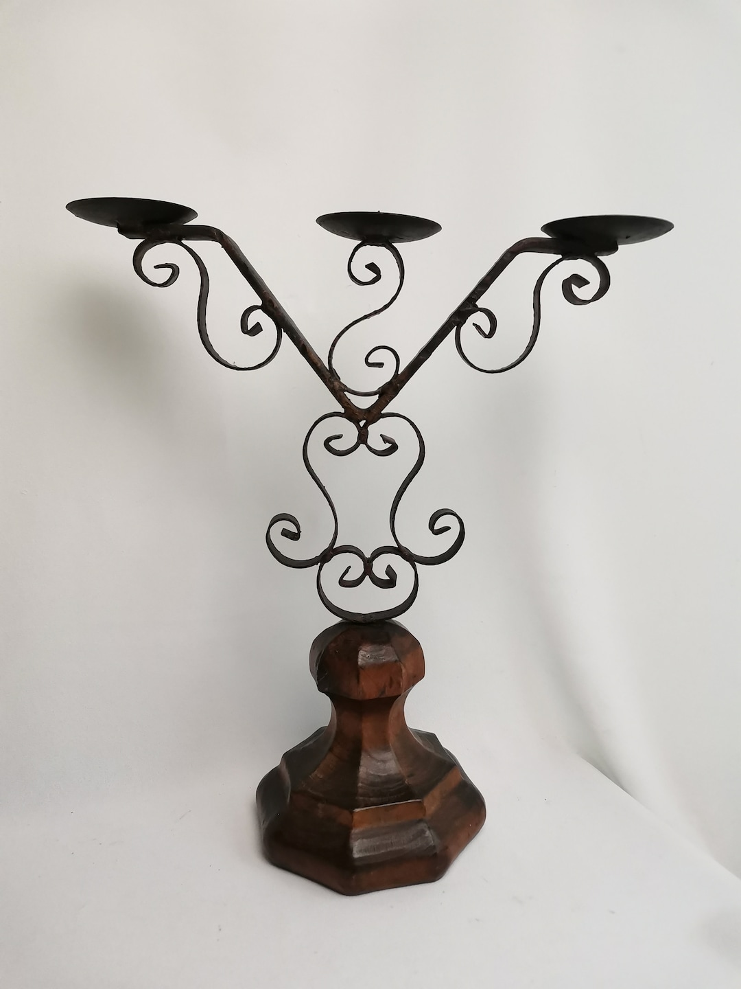 Vintage Wrought Iron Candlestick for 3 Candles on Wood Base 1950s Metal ...