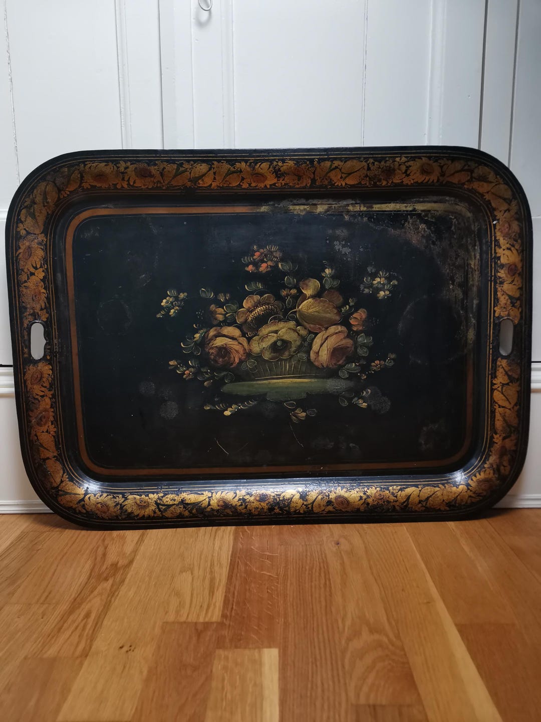 Very Large Antique Black Metal Tray With Gold Colored Rim and Folk Art ...