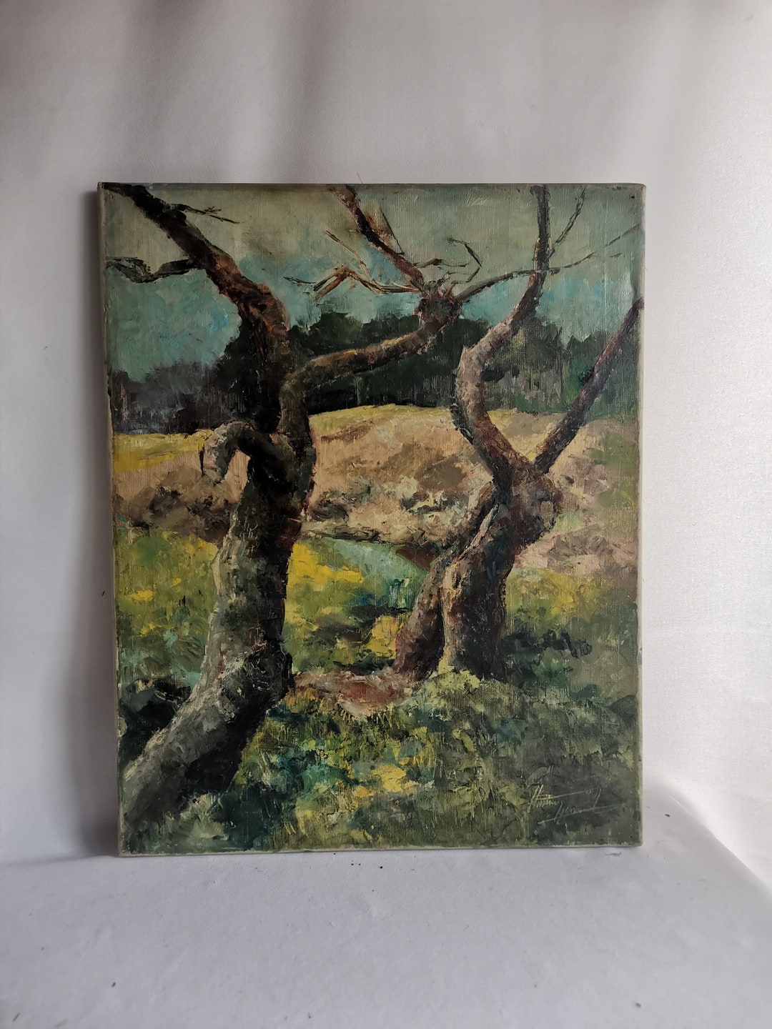 Antique Original Oil Painting Landscape Irregularly Shaped Trees 1940s ...