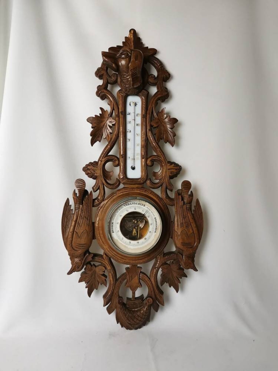 Antique Weather Station Hunt Schwarzwalder Hand Carved Wood Dog Birds ...