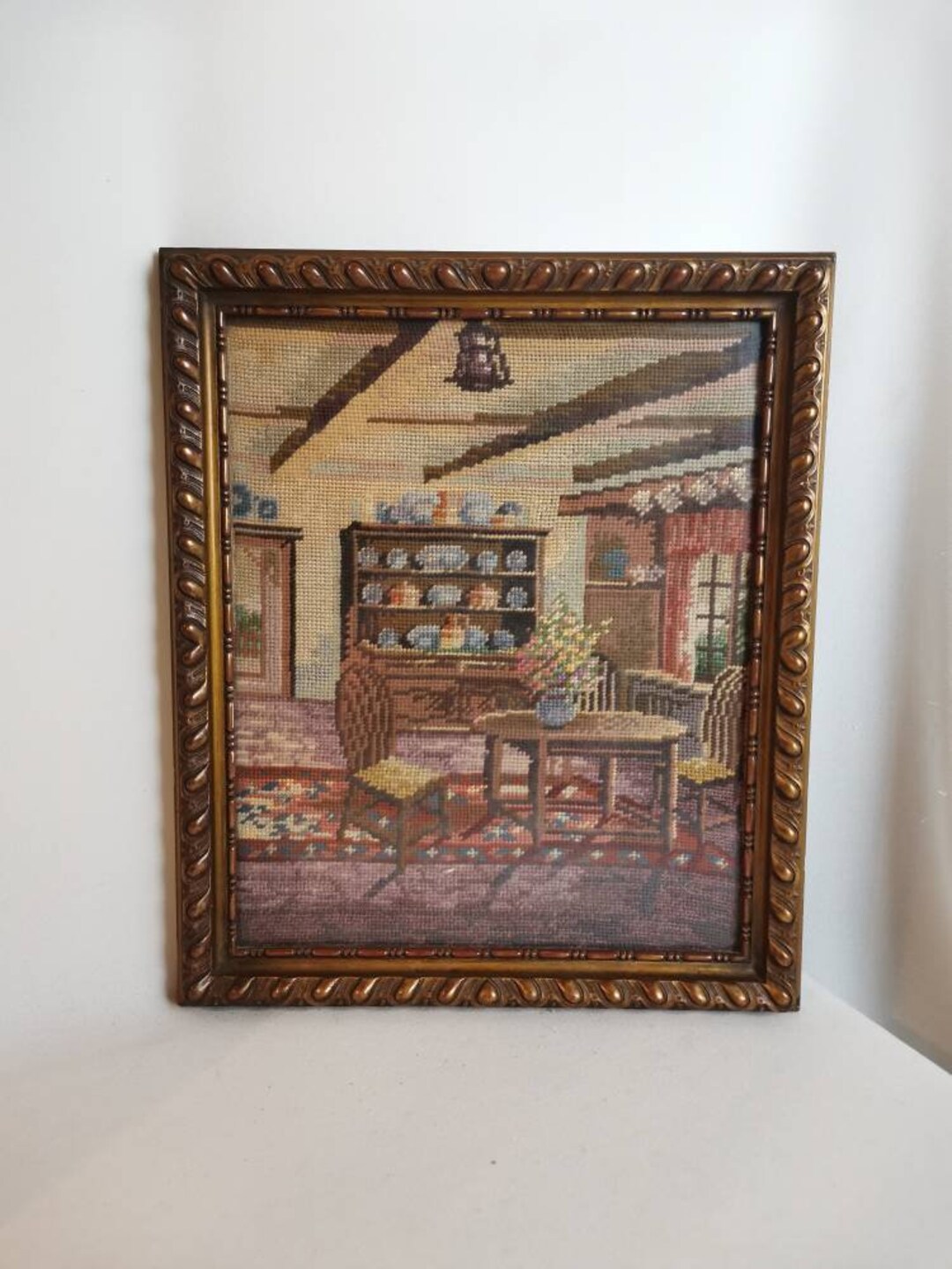 Vintage Embroidery Old Dutch Interior in Demi Point in Oak Frame 1970s ...