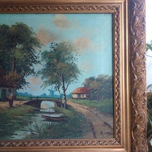 Antique Oil Painting Farm Near Water With Bridge, Signed D. Ubas 1920s ...