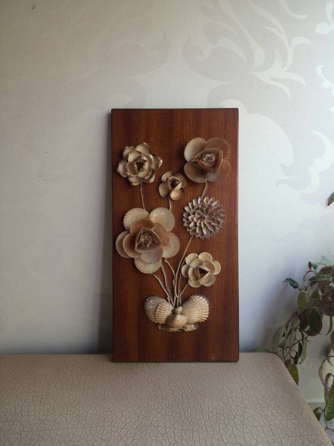 Vintage Shells Painting 1960s Teak Panel With Clams, Coral, Horn and ...