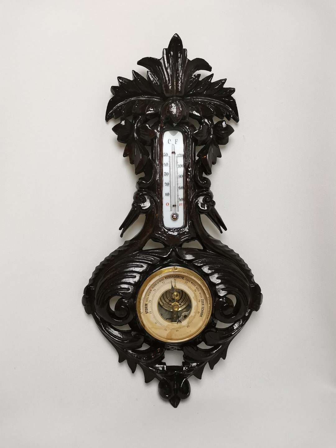 Antique Weather Station Dutch Language Hand Carved Flower Leaves and ...