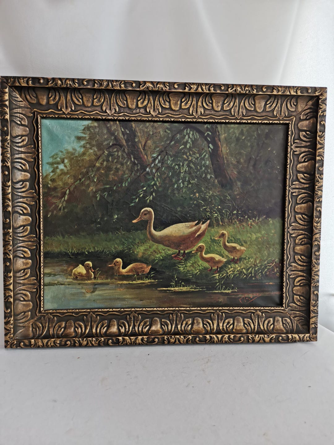 Antique Original Painting Ducks on the Waterfront in Kaiser Brown Frame ...
