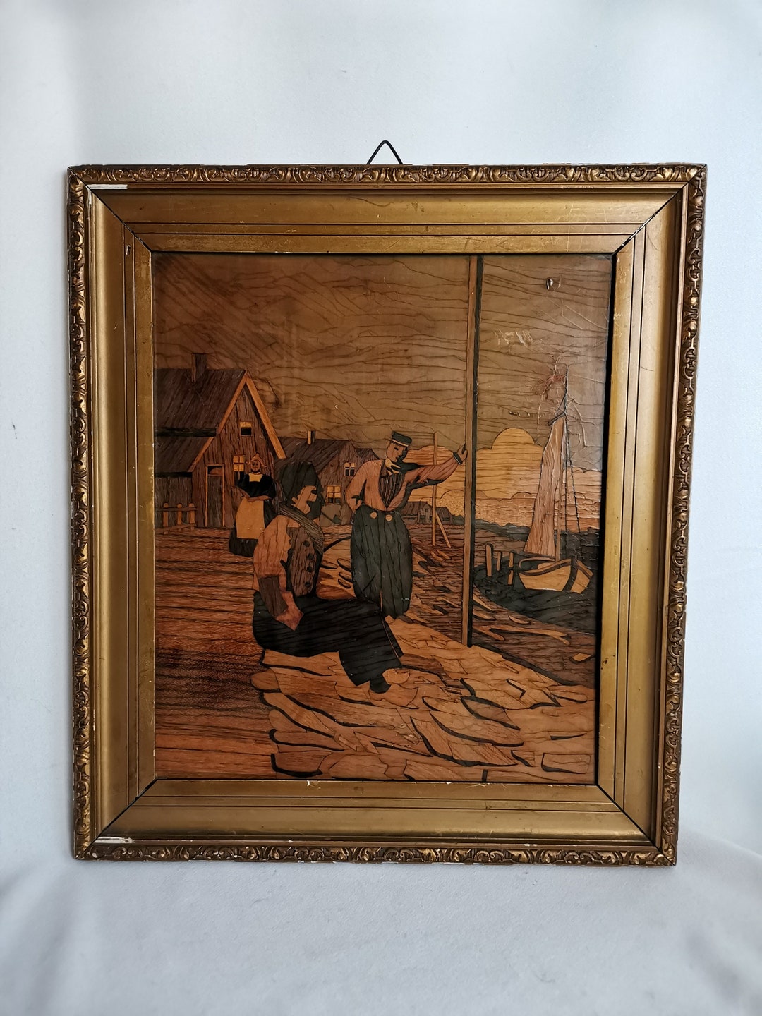 Antique Inlaid Wooden Harbor View Seascape Village View Marken in Gold ...