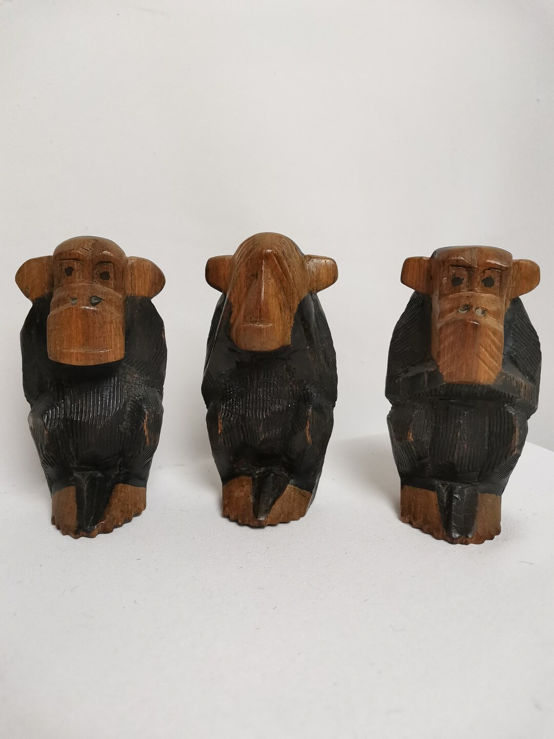 Antique Set of Black Wood Carvings Monkeys Hear See and Speak No Evil ...
