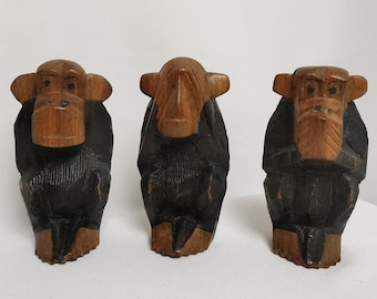 Vintage Wood Wise Monkeys Figurines See Speak Hear No Evil/3 Wise ...