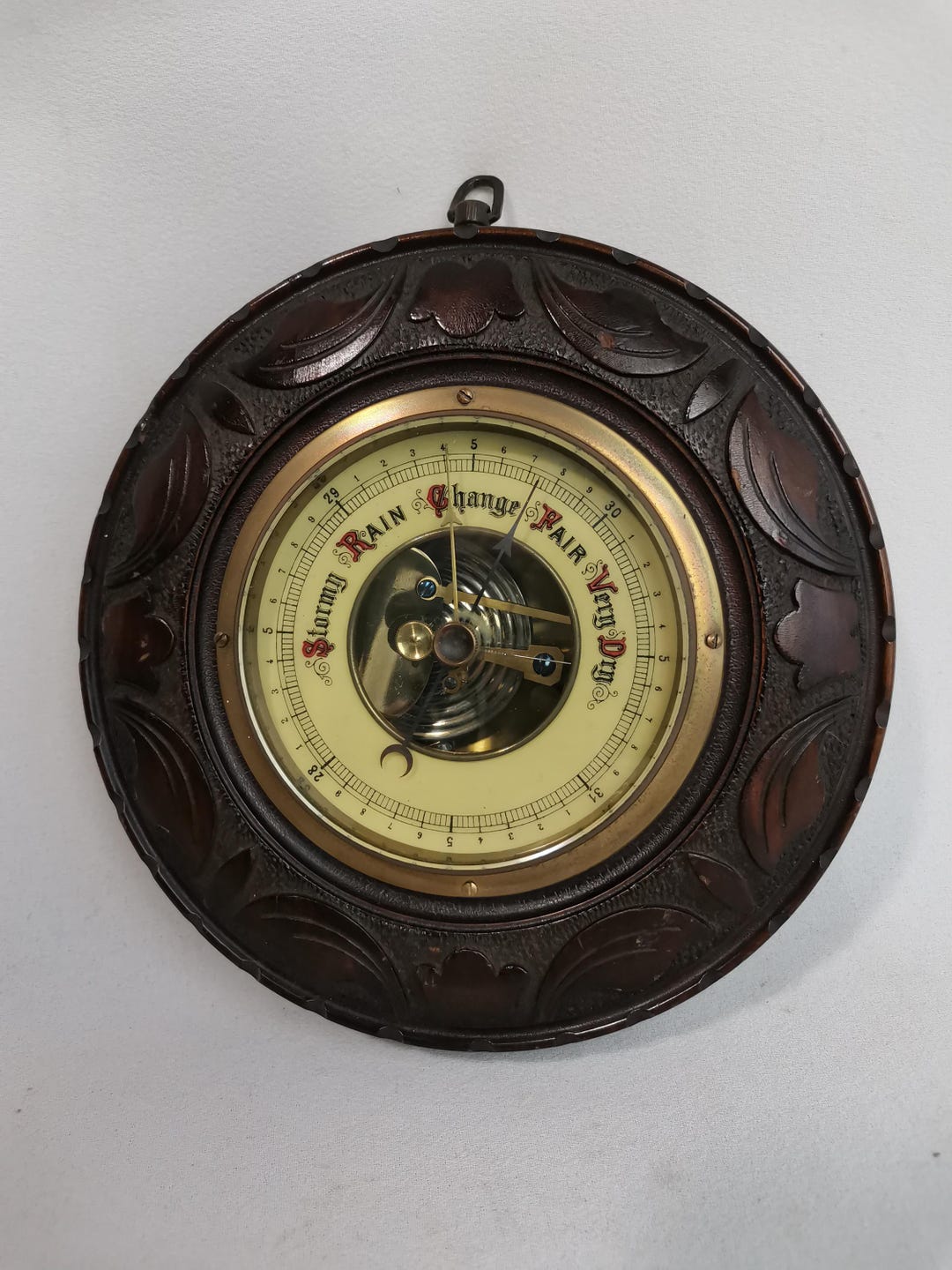 Antique Round Wooden Barometer With Carvings of Leaves and Flowers ...