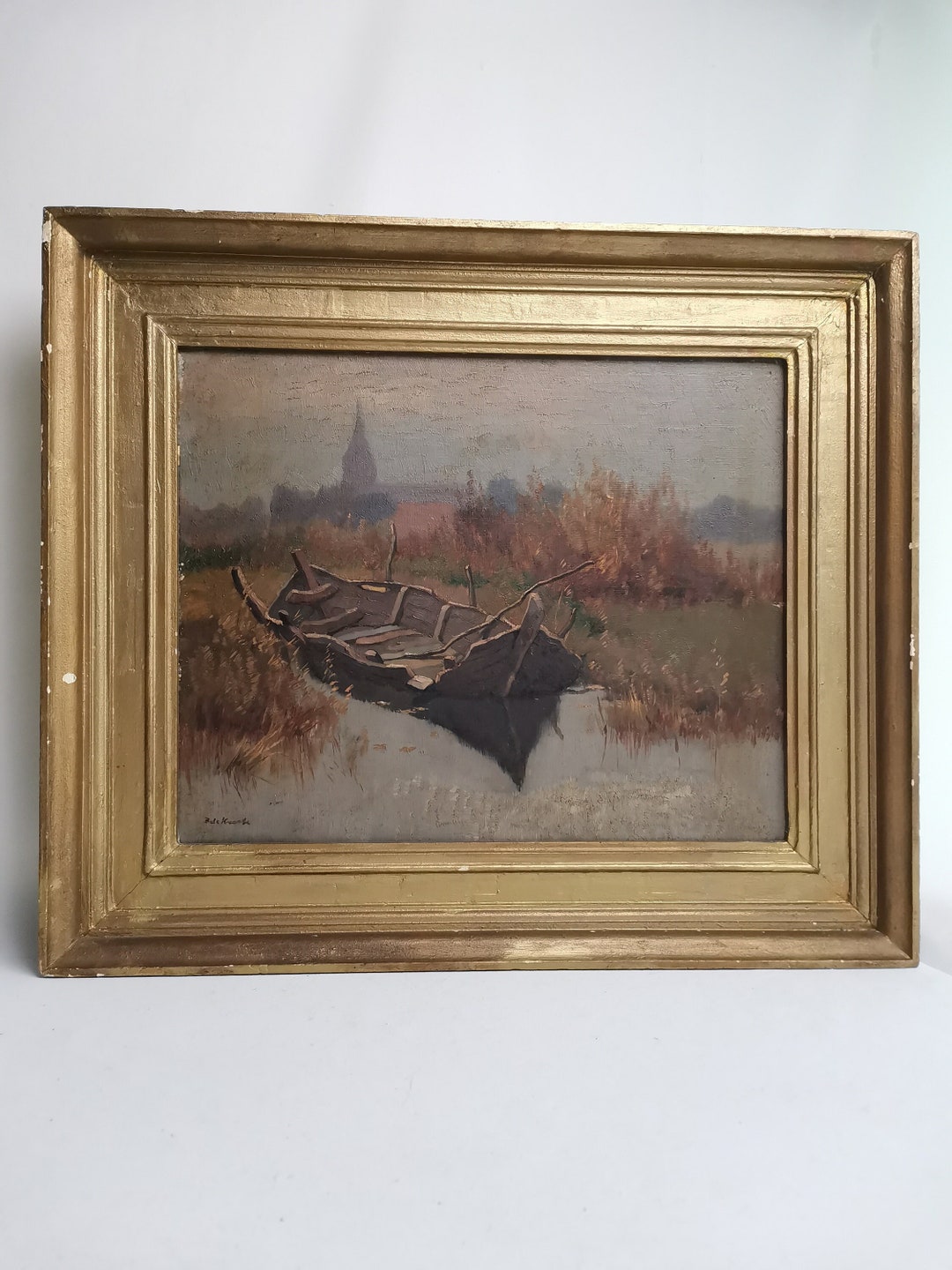 Antique Painting Landscape With Water and Barge in Frame 1940s Antique ...